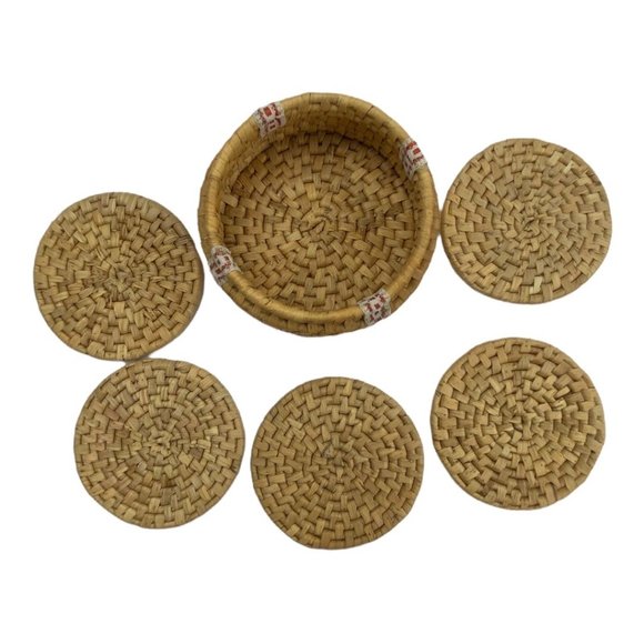 Accents | Vintage 197s Bohemian Wicker Rattan 5 Piece Coaster Set With ...